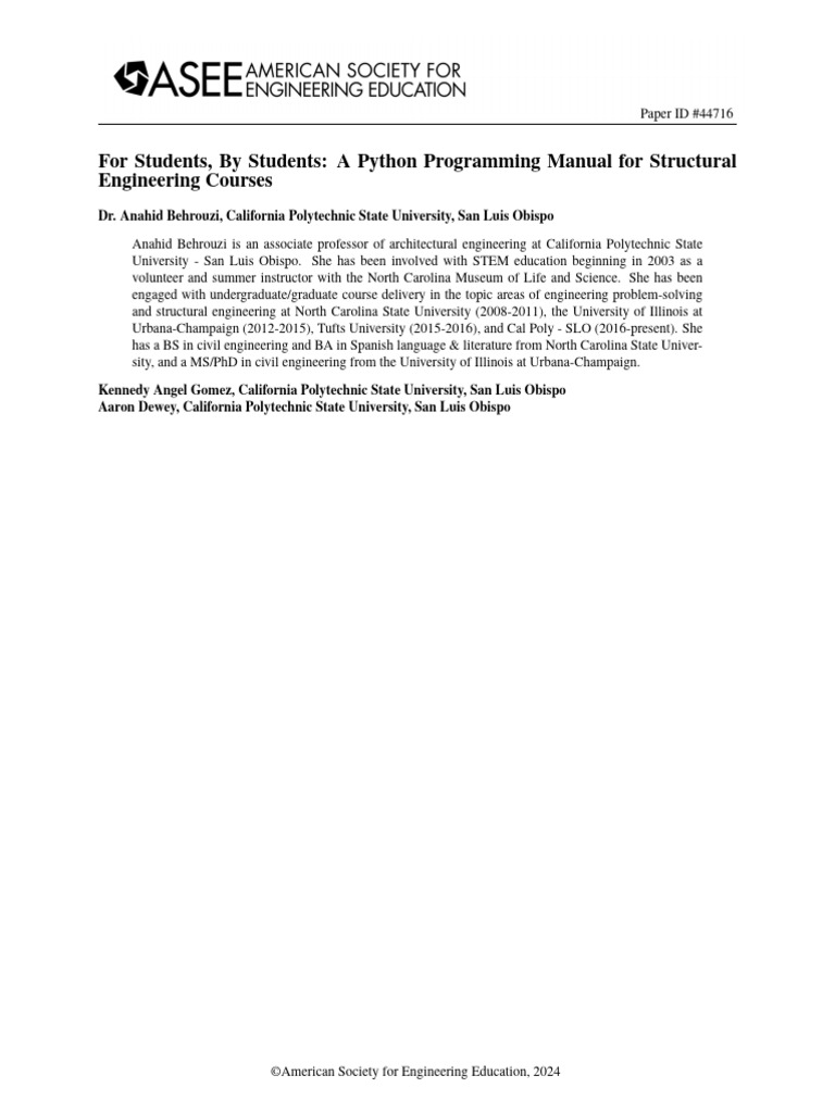 For Students by Students A Python Programming Manual For Structural Engineering Courses | PDF ...
