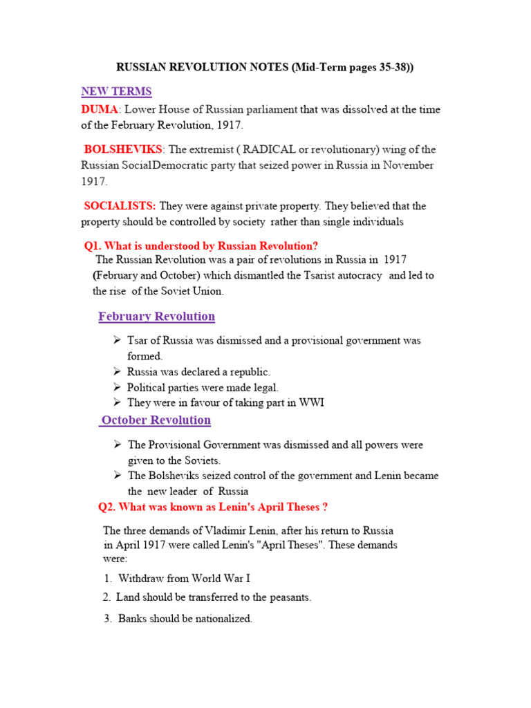 Russian Rev Notes MidTerm | PDF | Russian Revolution | Vladimir Lenin