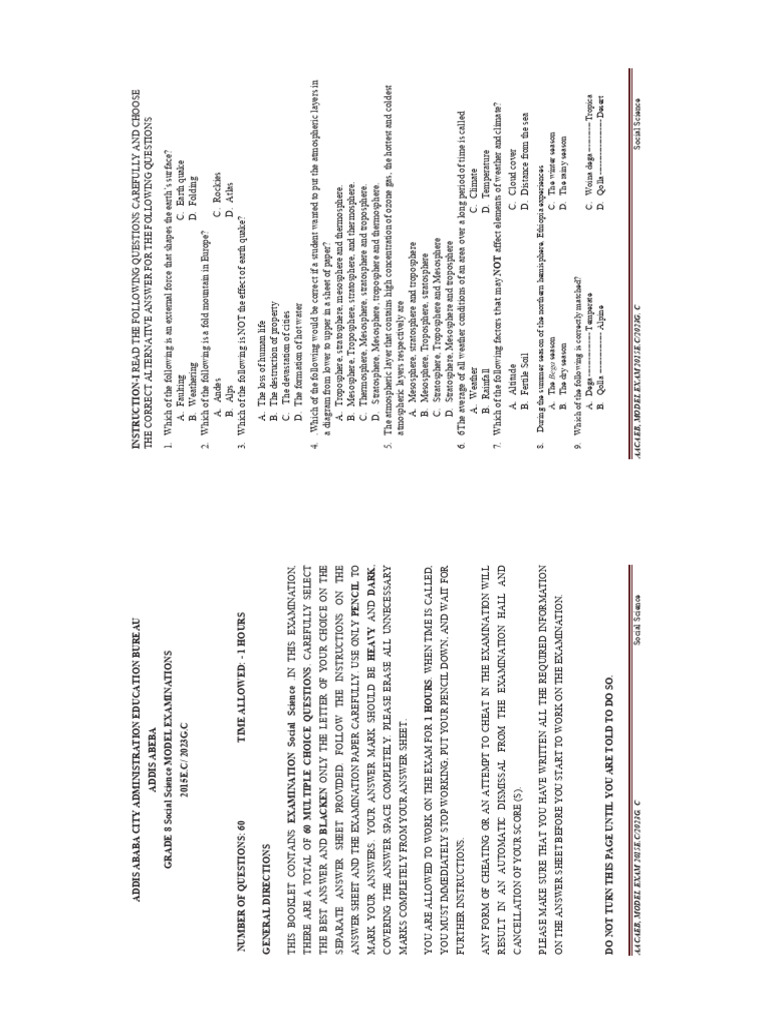 Social Study Grade 8 Model 2015 | PDF | Stratosphere | Atmosphere Of Earth