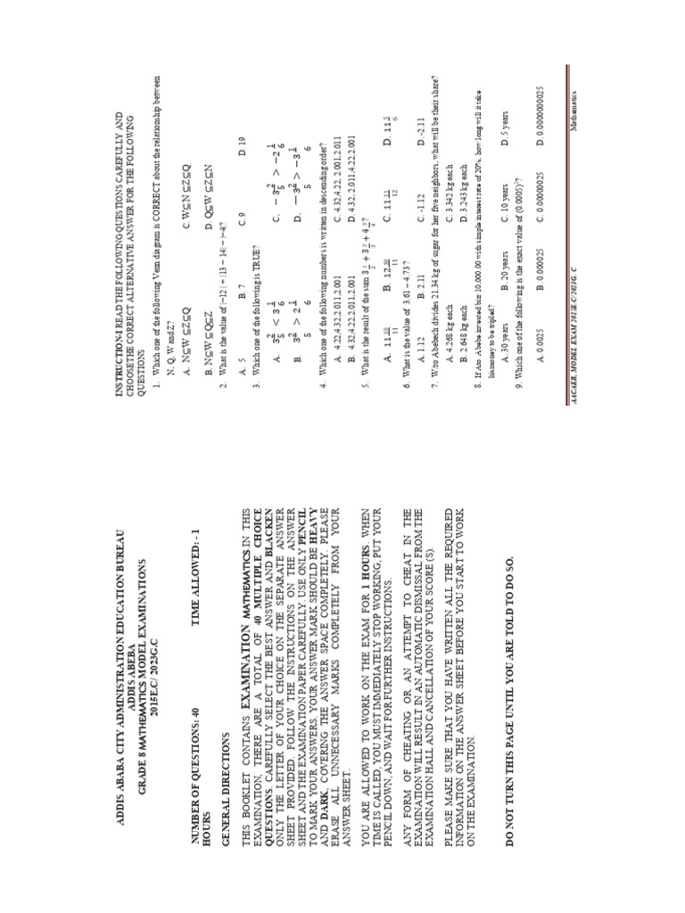 Maths Grade-8 Model 2015 | PDF