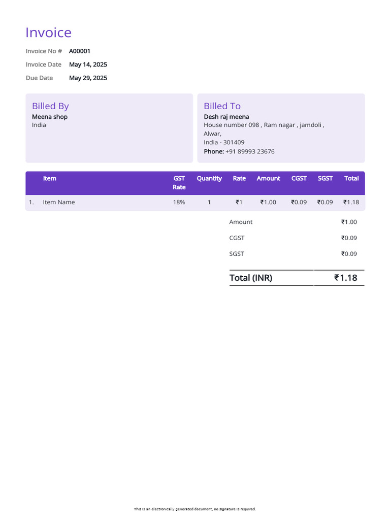 Invoice A00001 Meena Shop Desh Raj Meena | PDF