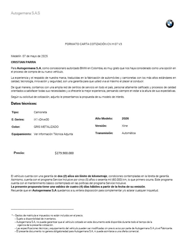 Cotizacion Formal Ix1 2026 | PDF | Vehículo de motor | Vehículos