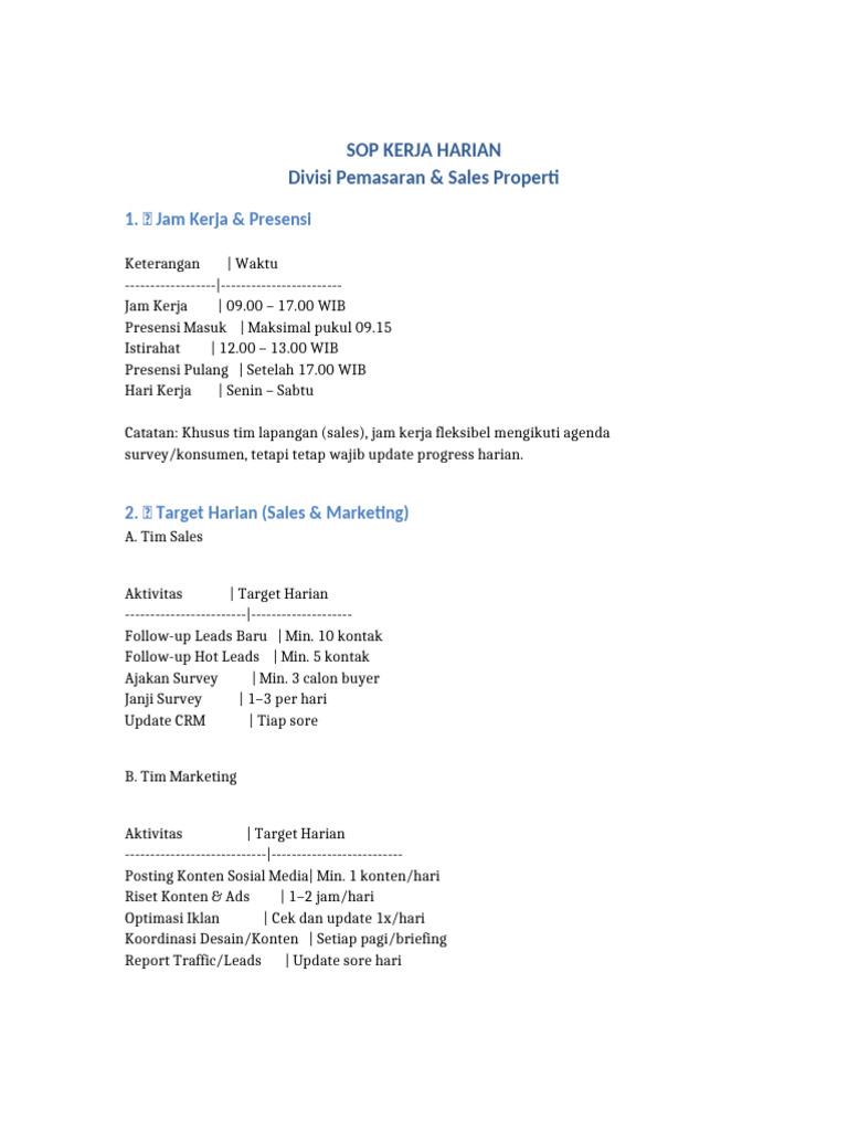 SOP Kerja Harian Pemasaran Sales PT KTG | PDF