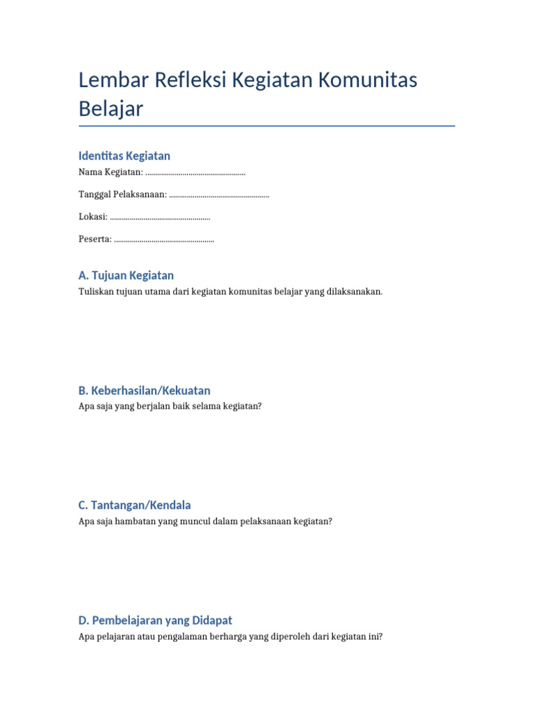 Template Refleksi Kegiatan Komunitas Belajar SDN Lenggerong | PDF