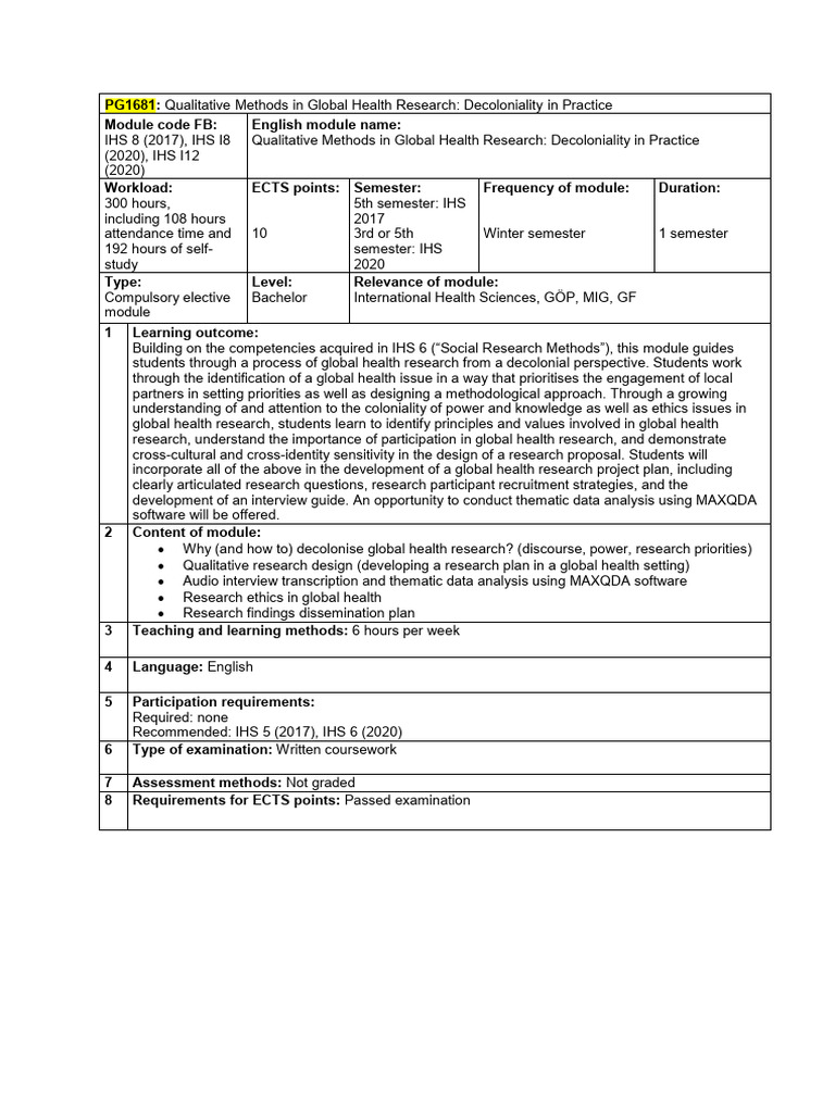 IHS Elective Module Decoloniality in Practice Franziska Satzinger Module Description | PDF ...