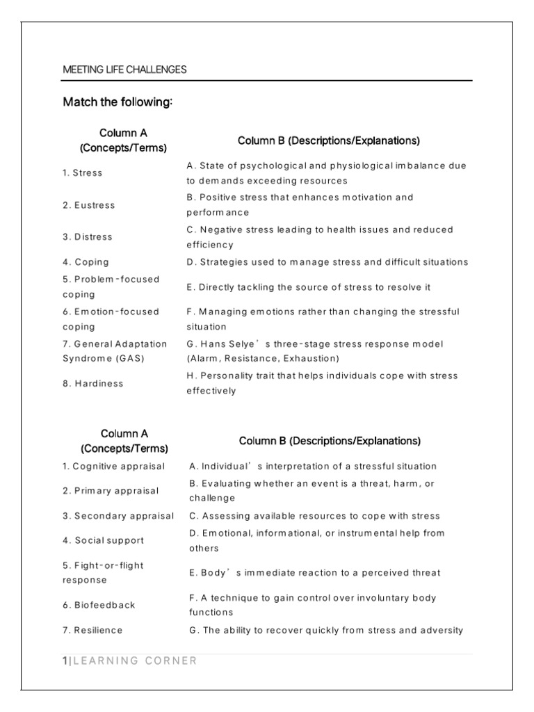Meeting Life Challenges Worksheet | PDF | Stress (Biology ...