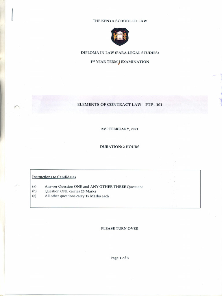 Elements of Contract Law PTP 101 From 2021 To 2024 | PDF