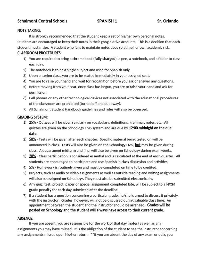 Spanish 1 Syllabus 2019-2020 | PDF