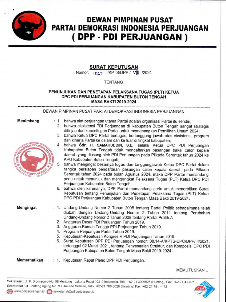 SURAT KEPUTUSAN NO. 1527 - PEMBEBASTUGASAN KETUA DAN PENUNJUKAN SERTA ...