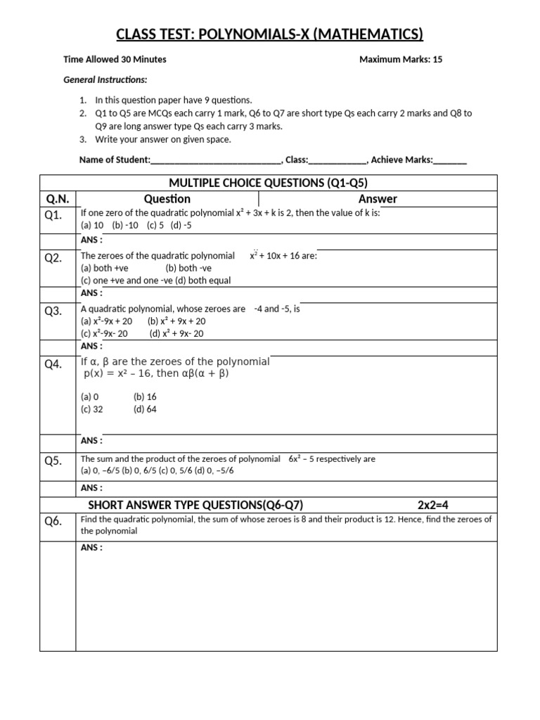 Class 10 Polynomials Test Paper | PDF
