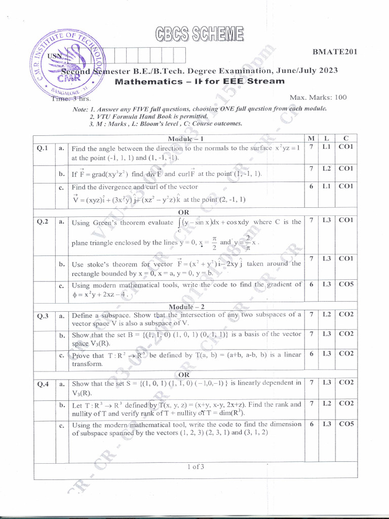 VTU Question Paper of BMATE201 Mathematics-II For EEE Stream June-July-2023 | PDF