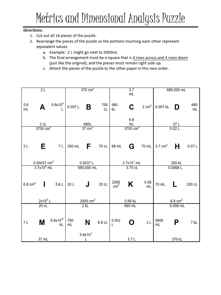 Metrics and Dimensional Analysis Puzzle | PDF