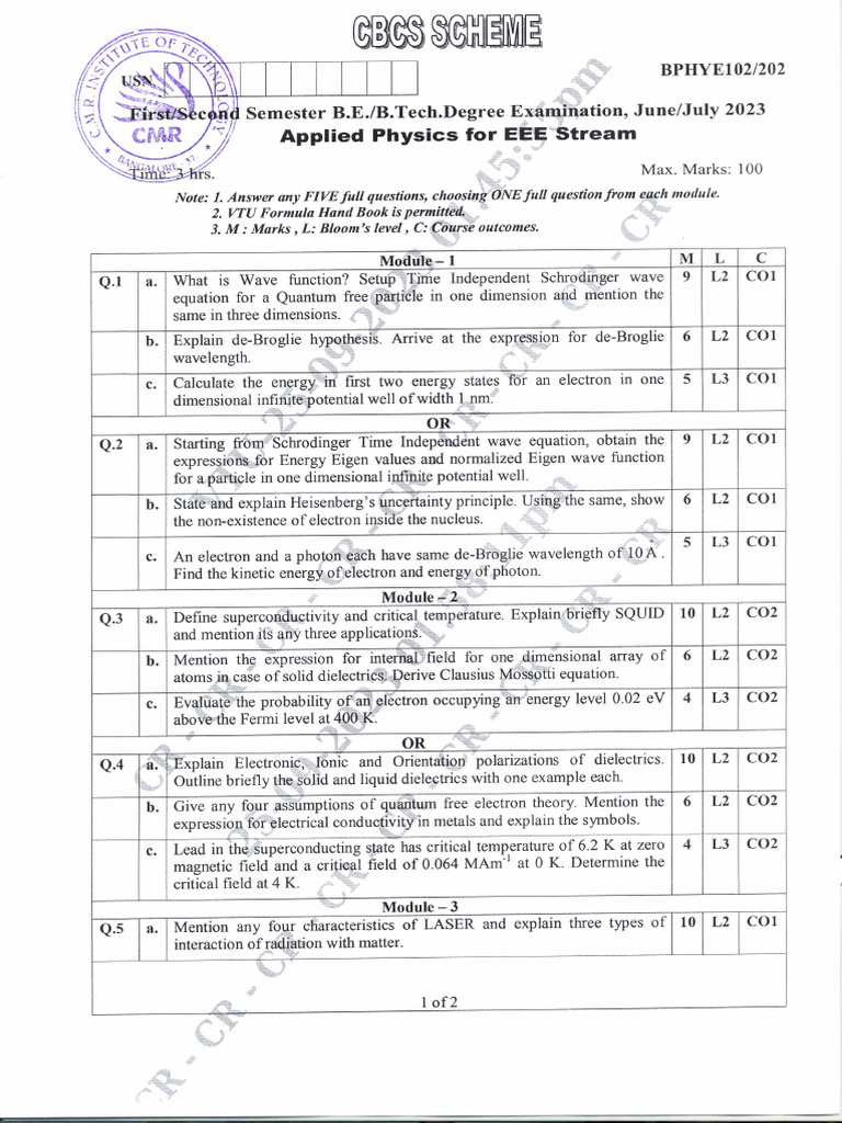 VTU Question Paper of BPHYE102 - BPHYE202 Applied Physics For EEE Stream June-July-2023 | PDF