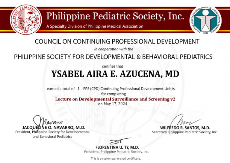 PPS Certificate - Developmental Surveillance and Screening | PDF