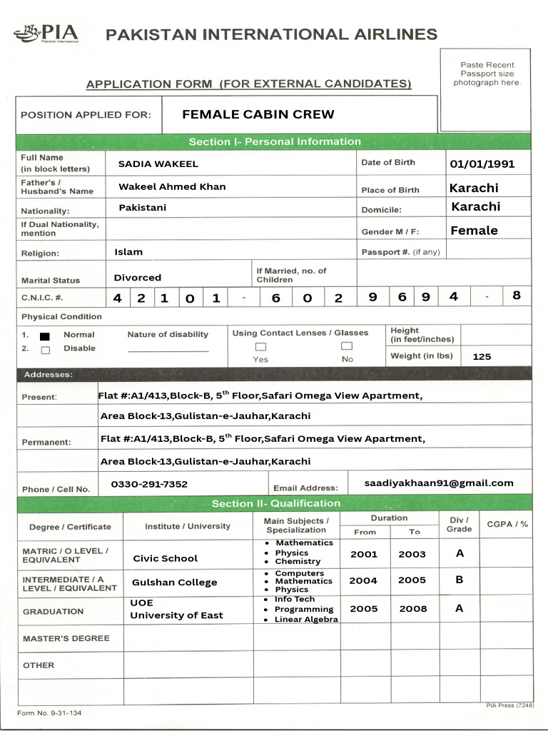 Application Form For Cabin Crew | PDF