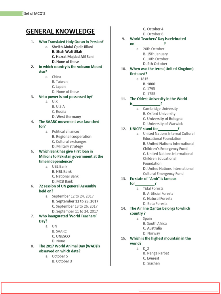 MCQs Set For All Types of Exams | PDF | Pakistan | Asia