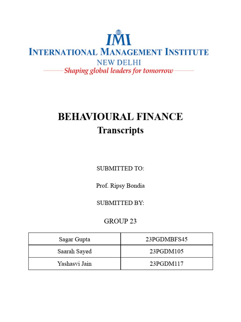 BEHAVIOURAL FINANCE - Transcripts | PDF | Investing | Diversification (Finance)