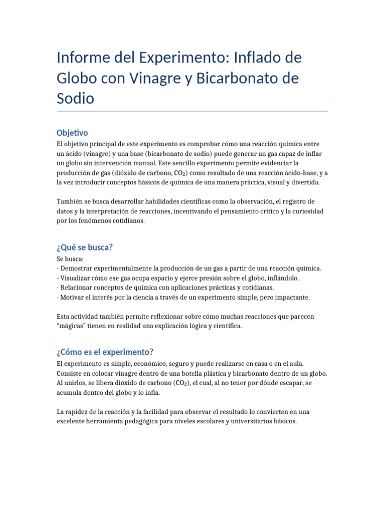 Informe Experimento Globo Vinagre Bicarbonato | PDF | Química | Vinagre