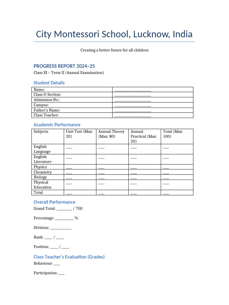 Class Xi Progress Report Format Pdf