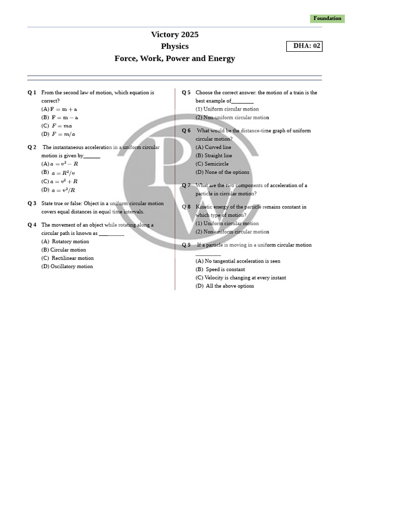 Victory 2025 Physics Force, Work, Power and Energy: F M + A F M A | PDF | Acceleration | Applied ...
