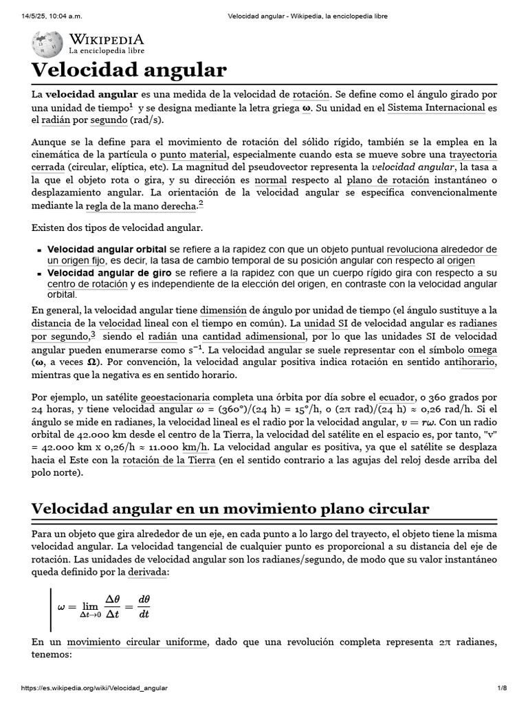 Velocidad Angular - Wikipedia, La Enciclopedia Libre | PDF | Rotación | Vector Euclidiano