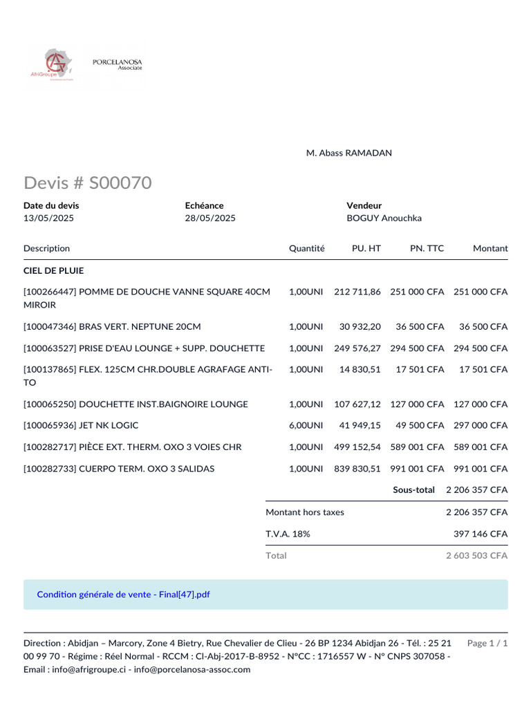 DEVIS - MR RAMADAN Abass | PDF
