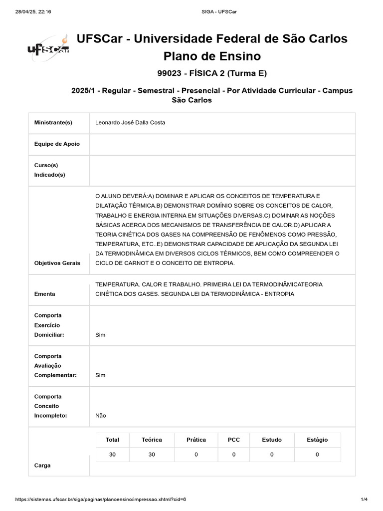 Plano de Ensino: Física 2 - UFSCar | PDF | Temperatura | Termodinâmica
