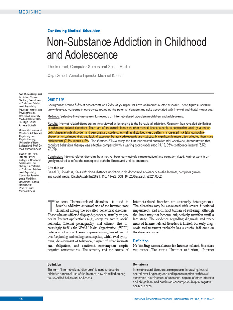 Non-Substance Addiction in Childhood and Adolescence | PDF | Mental ...