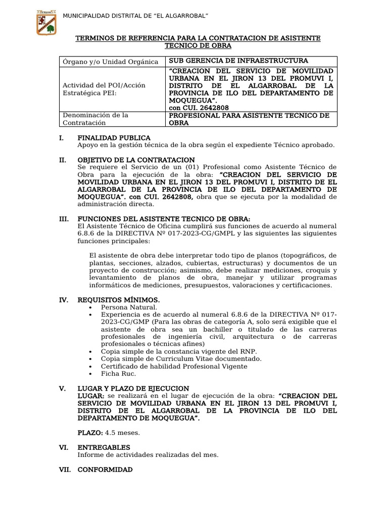 TDR - Personal Asistente Obra | PDF