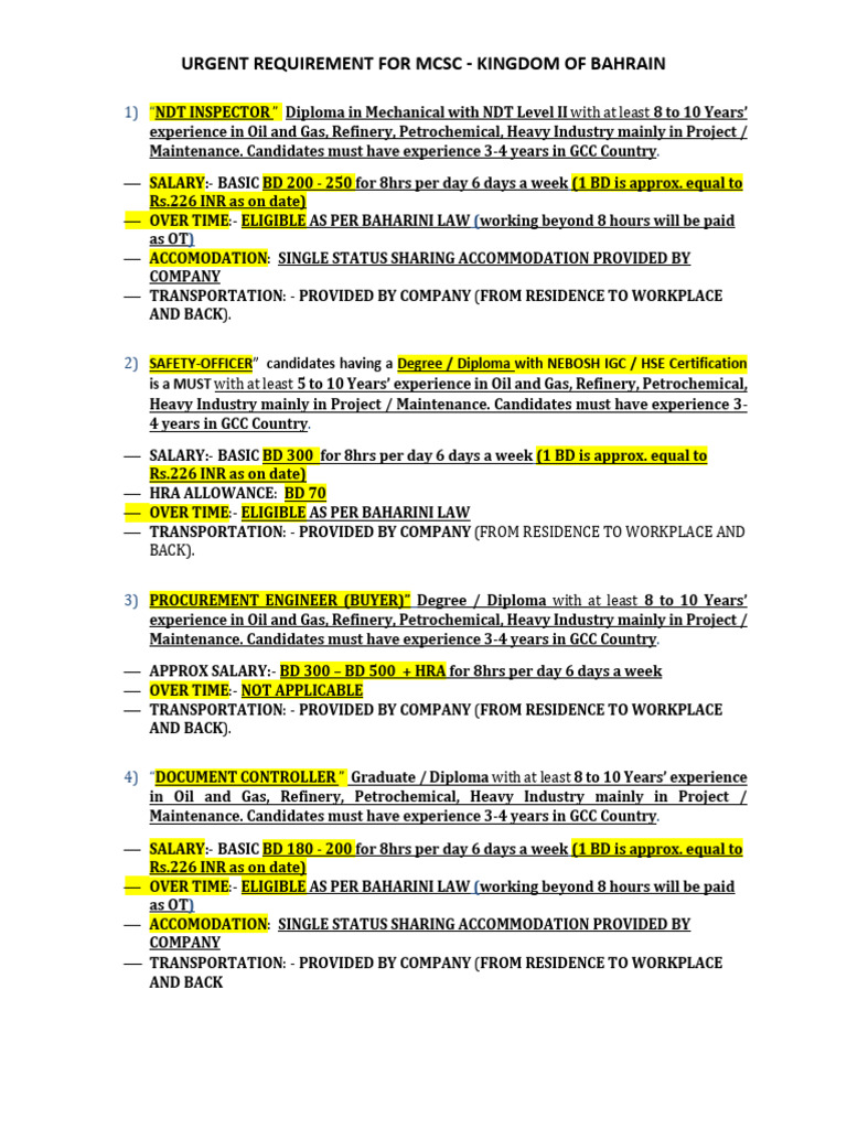 MCSC Requirement Bahrain | PDF | Petroleum | Hydrocarbons