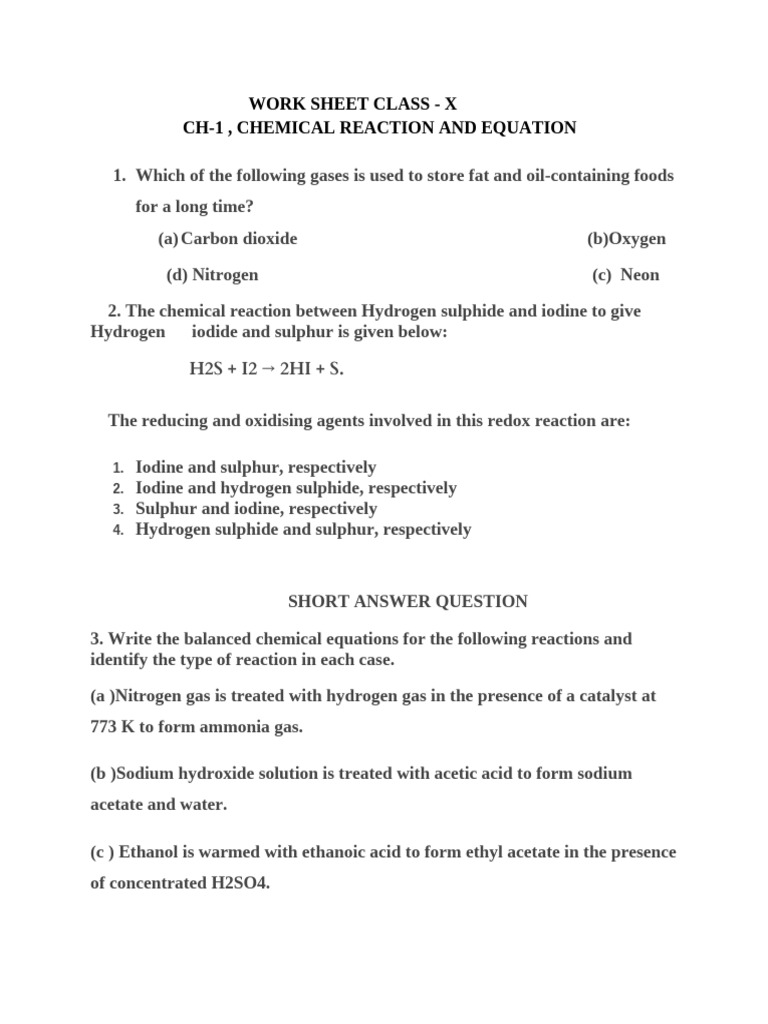 WORK SHEET CLASS - X Chemistry CH 1 | PDF | Chemical Reactions | Iodine