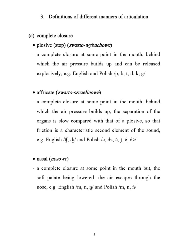 Manners of Articulation - Handout | PDF | Consonant | Phoneme