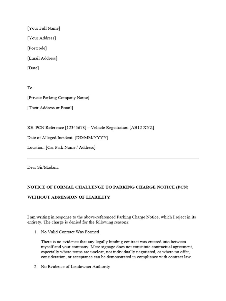 Notice of Formal Challenge To Parking Charge Notice (PCN) Without ...