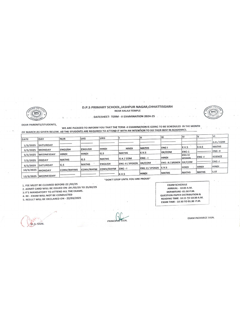 Time Table For Annual Exam | PDF