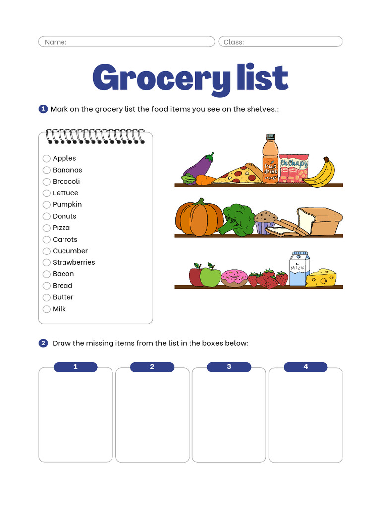 Colorful Illustrative Grocery List Food Vocabulary Worksheet - 20250510 ...