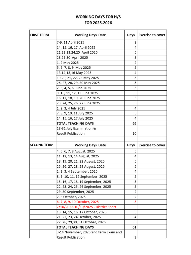 School Calendar Working Days and Lesson To Cover Format | PDF ...