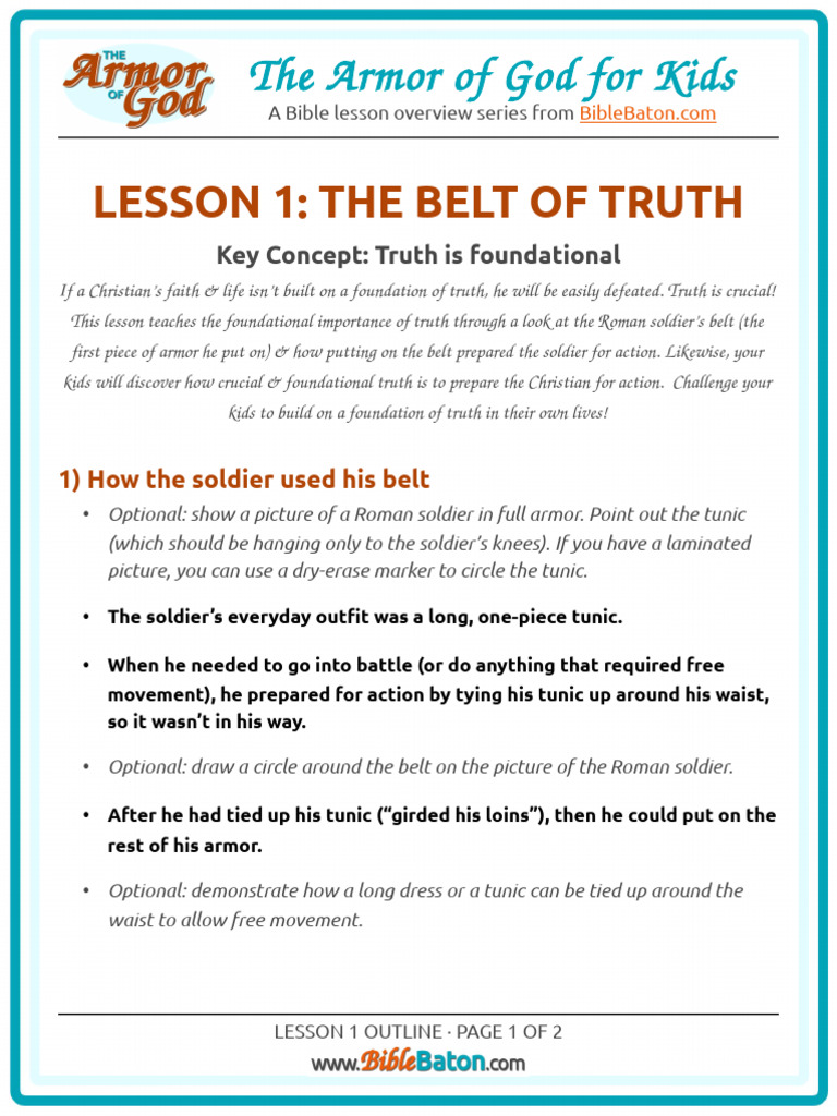 Lesson 1 The Belt of Truth (Outline) | PDF | Christian Belief And ...