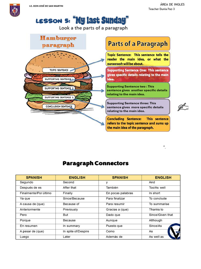 Lesson 5 - 3ro Ingles - My Last Sunday-Paragraph | PDF | Linguistics | Grammar