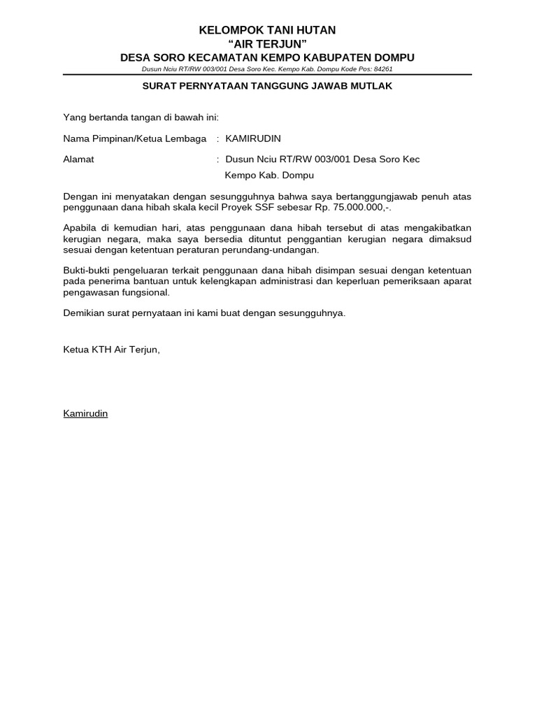 05. Lampiran 6 KUPS Wanatani Doro To'i_Surat Pernyataan Tanggung Jawab Mutlak (SPTJM) | PDF