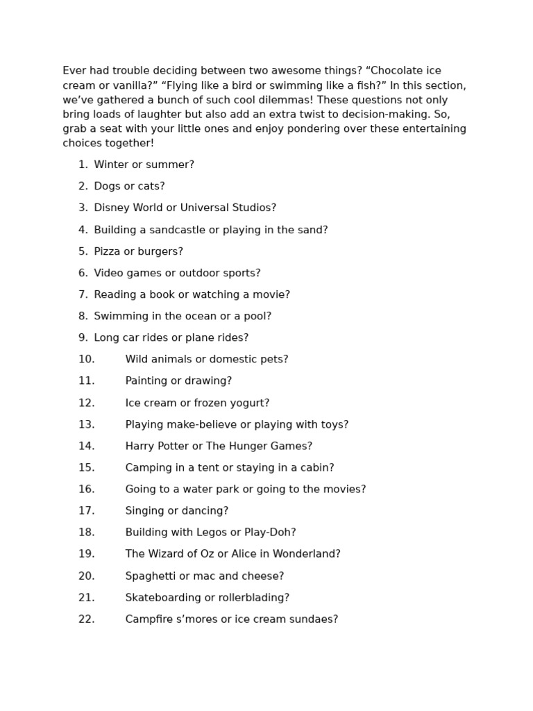 Fun "This or That" Questions for Kids | PDF