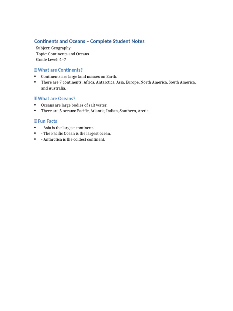 Continents and Oceans Study Notes | PDF