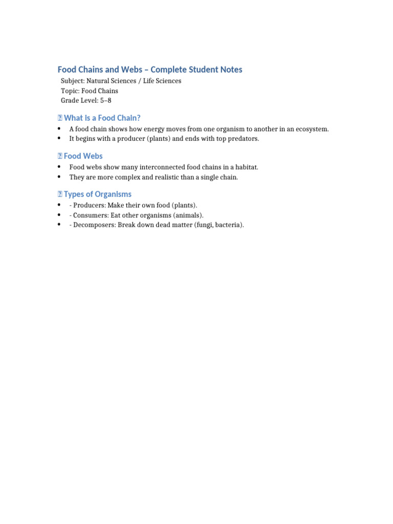 Complete Food Chains Webs Notes | PDF