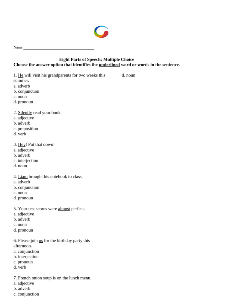 Parts of Speech Homework | PDF | Verb | Adverb