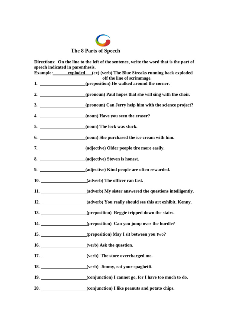Parts of Speech Worksheet | PDF | Adverb | Verb
