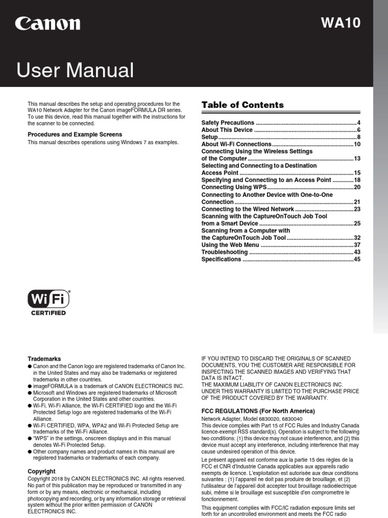 Canon WA10 Network Adapter Manual | PDF | Wireless Access Point ...
