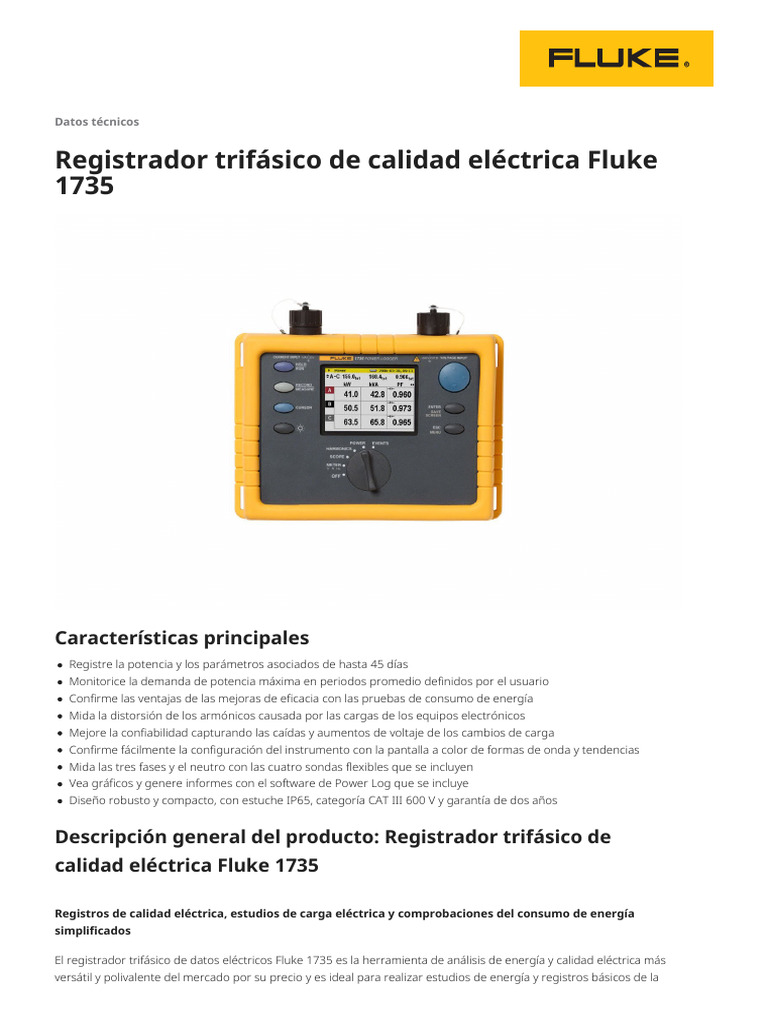 Registrador Trifásico de Calidad Eléctrica Fluke 1735: Características Principales | PDF ...