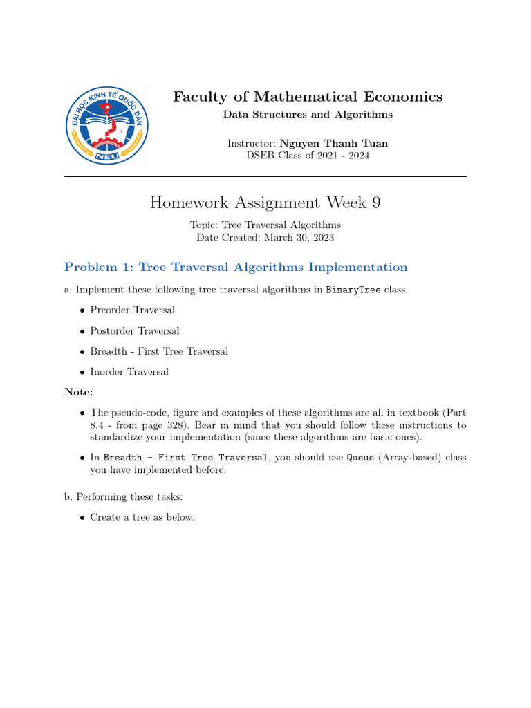 DSA Homework Assignment Week 9 Tree Traversal | PDF | Computer Programming | Applied Mathematics