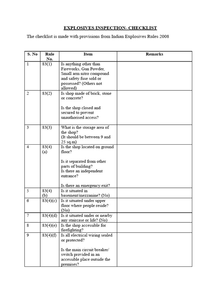 Explosives Inspection Checklist | PDF | Fireworks