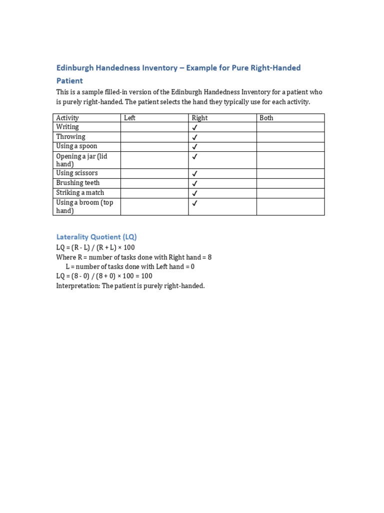 Edinburgh Handedness Inventory Right Handed Example | PDF