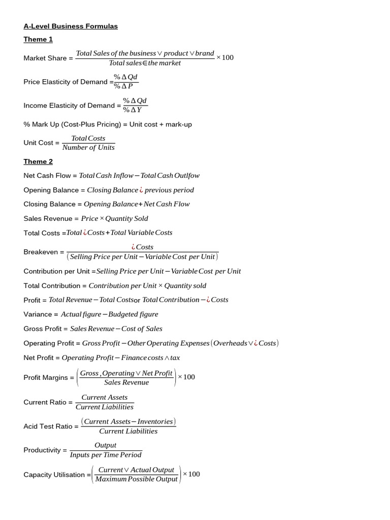 A-Level Business Formulas Guide | PDF | Net Present Value | Financial ...